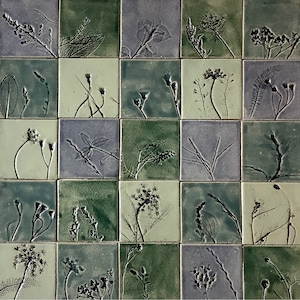 Tile Set “garden at Dusk”, Handmade Ceramic Tiles, Pale Blue and Deep ...