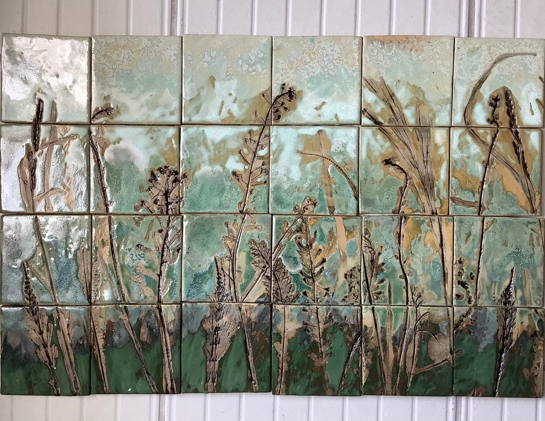 Tile Setthe Summer Meadow Vi,hand-made Ceramic Tiles,plant Motif,hand ...