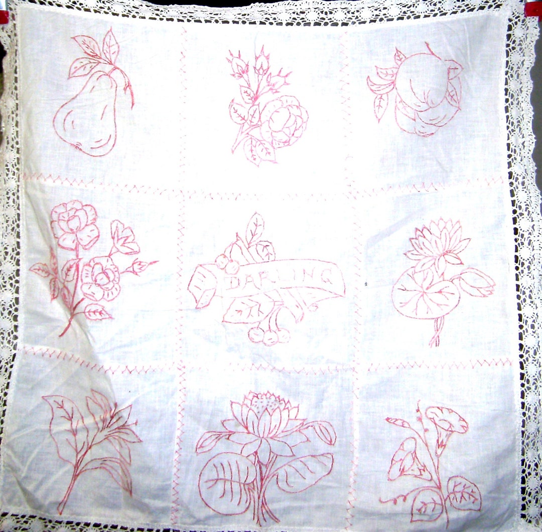 VINTAGE LINENS Vintage German Red Work Darling W/flowers Pillow Cover ...