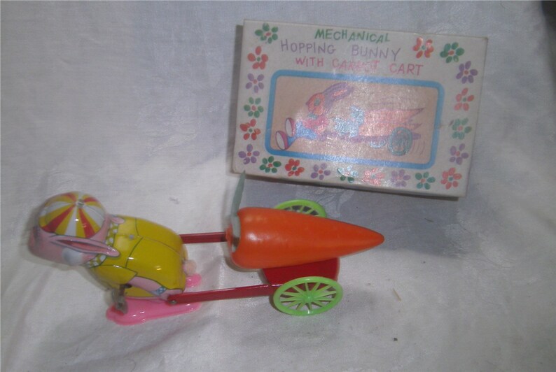 VINTAGE EASTER TOY – Hopping Bunny With Carrot Cart - Etsy