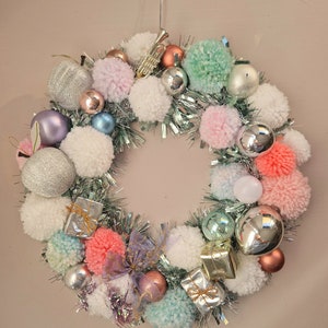 Handmade Kitsch Pom Pom Christmas Wreath With Vintage Silk and Vintage ...