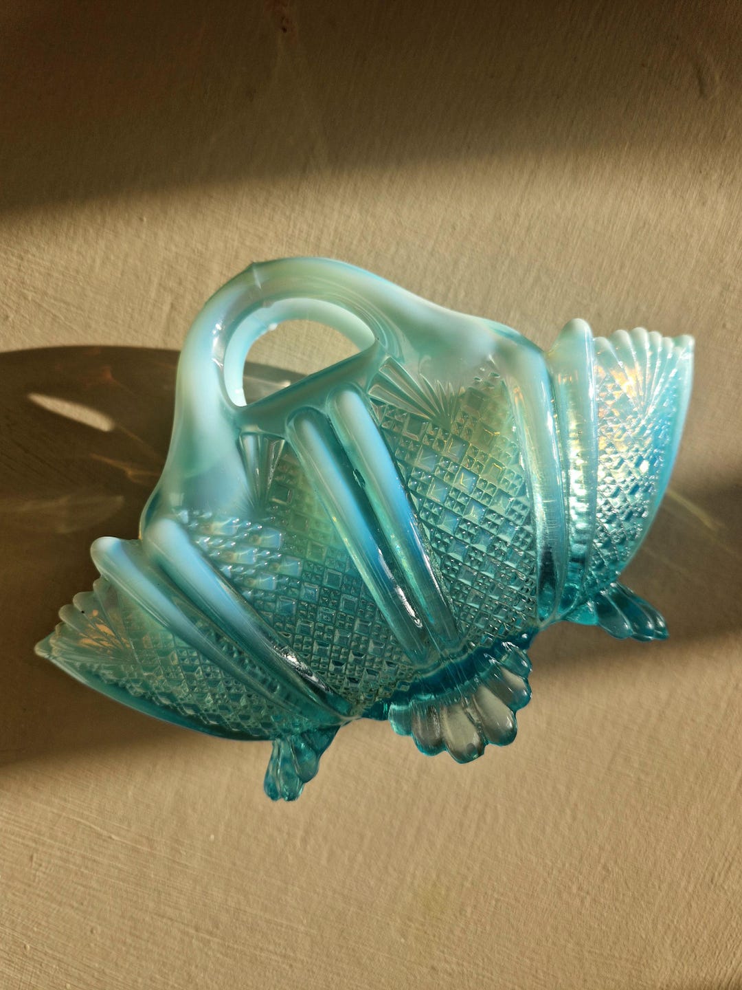 Victorian Teal Blue Pearline Glass Basket Vase by Davidson Somerset ...
