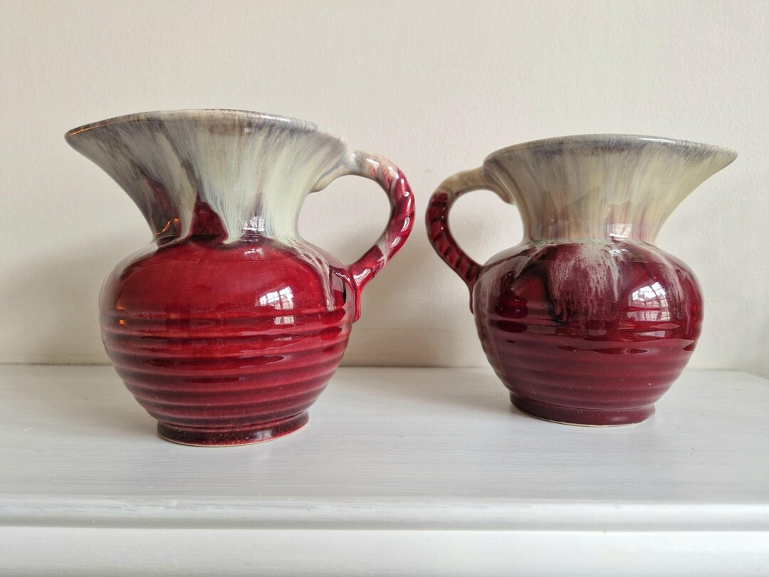 Pair of Midcentury West German Ceramic Pottery Jugs Cream Drip Glaze ...