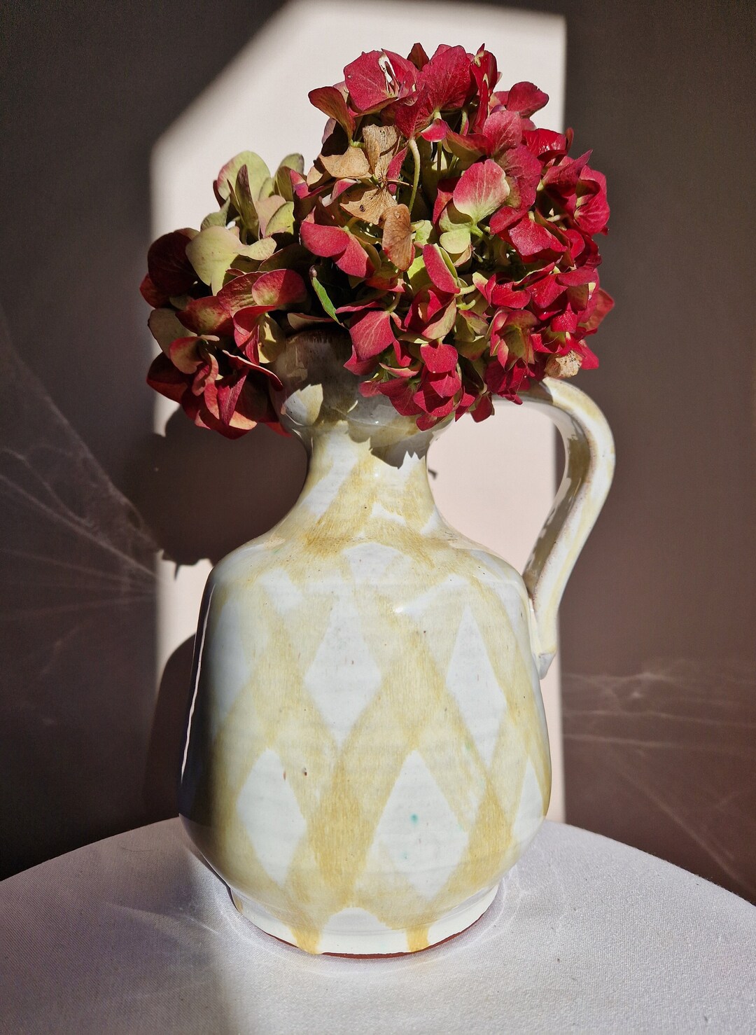 Vintage Mid-century Studio Pottery Checkered Ceramic Jug Vase in Cream ...