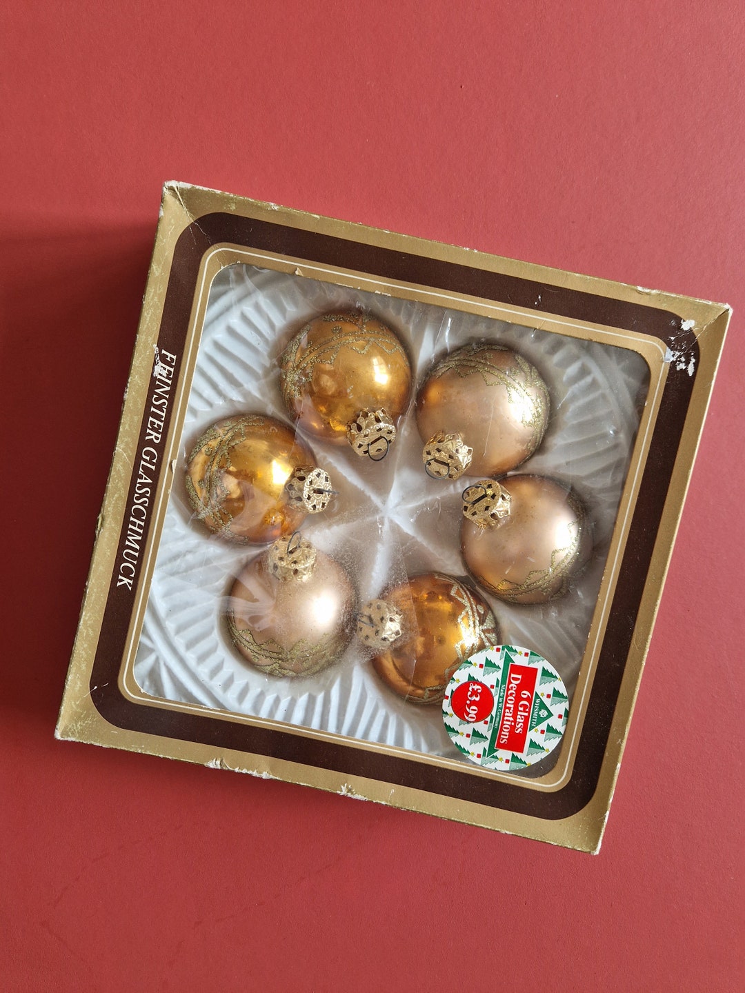 Vintage 1980s Boxed Glass Baubles Gold Glitter Bright Retro Kitsch ...