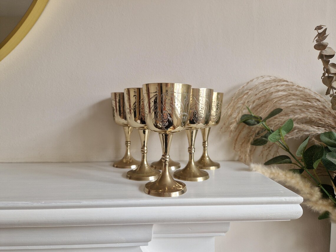Vintage Midcentury Etched Brass Goblets Decorative Rustic Floral Design ...