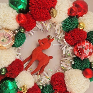 Handmade Kitsch Pom Pom Christmas Wreath Red Blue Vintage Glass Baubles ...