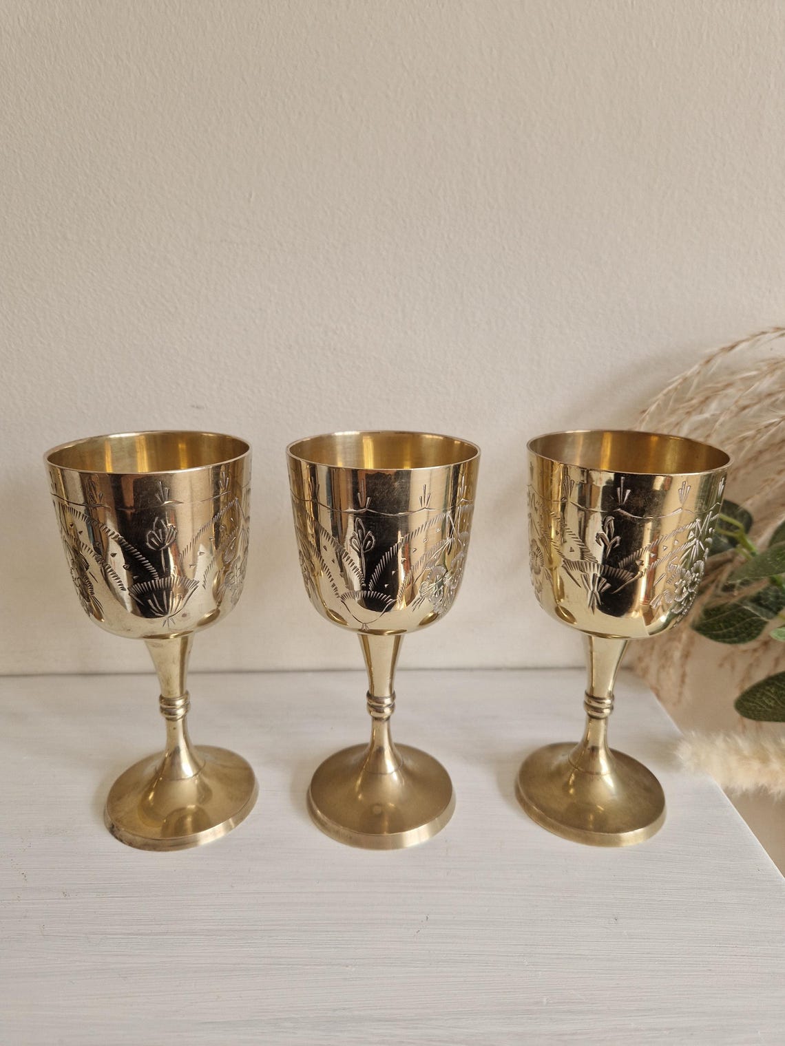 Vintage Midcentury Etched Brass Goblets Decorative Rustic Floral Design ...
