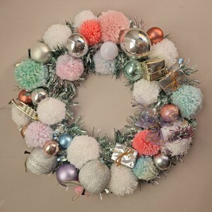 Handmade Kitsch Pom Pom Christmas Wreath With Vintage Silk and Vintage ...