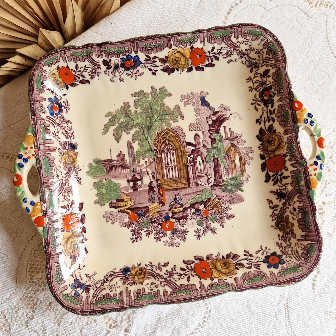 Antique Masons Ceramic Platter Plate Transferware Hand Painted Handles ...