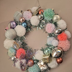Handmade Kitsch Pom Pom Christmas Wreath With Vintage Silk and Vintage ...