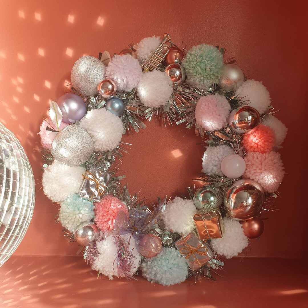 Handmade Kitsch Glass Vintage Bauble Pom Pom Christmas Wreath - Etsy