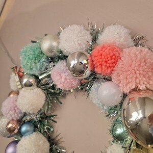 Handmade Kitsch Pom Pom Christmas Wreath With Vintage Silk and Vintage ...