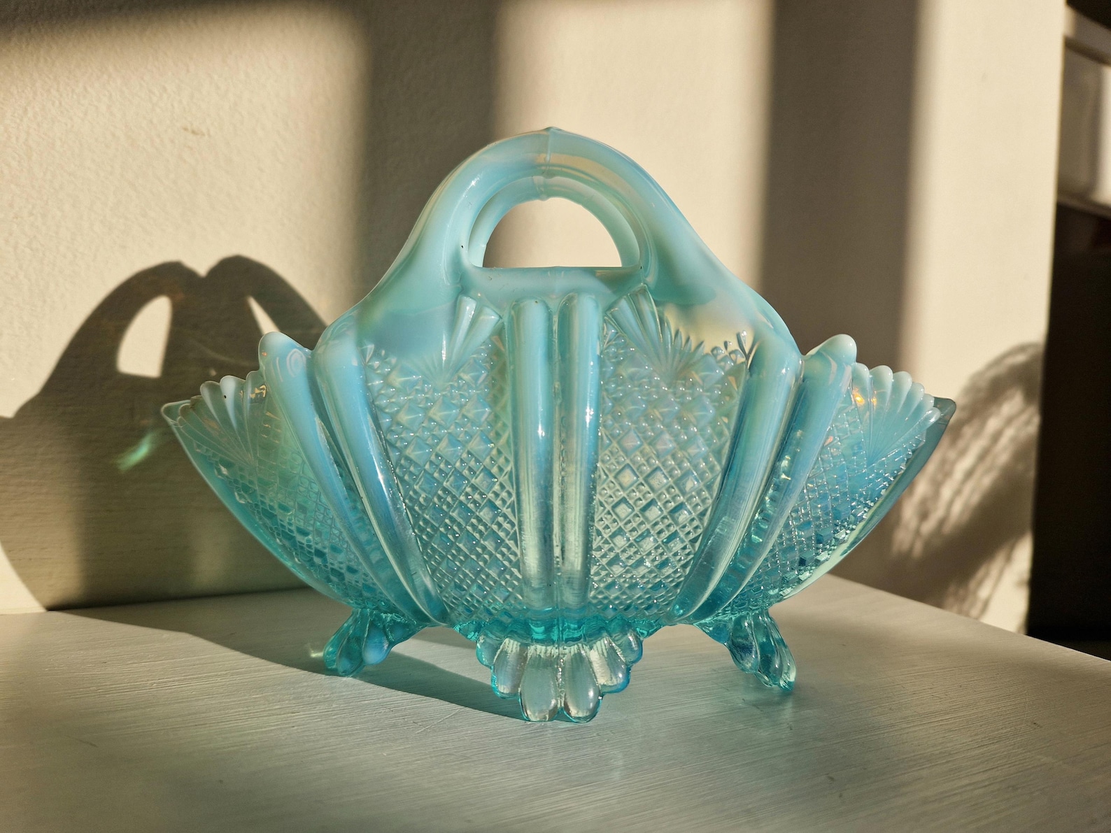Victorian Teal Blue Pearline Glass Basket Vase by Davidson Somerset ...