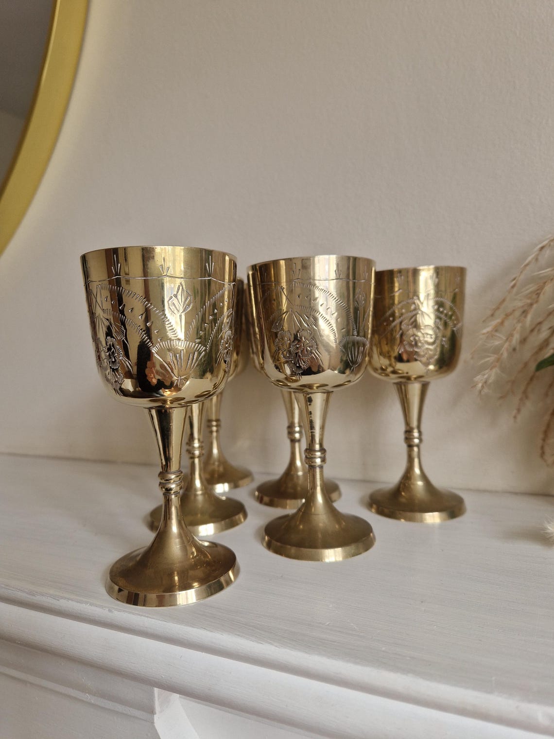 Vintage Midcentury Etched Brass Goblets Decorative Rustic Floral Design ...