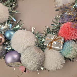 Handmade Kitsch Pom Pom Christmas Wreath With Vintage Silk and Vintage ...