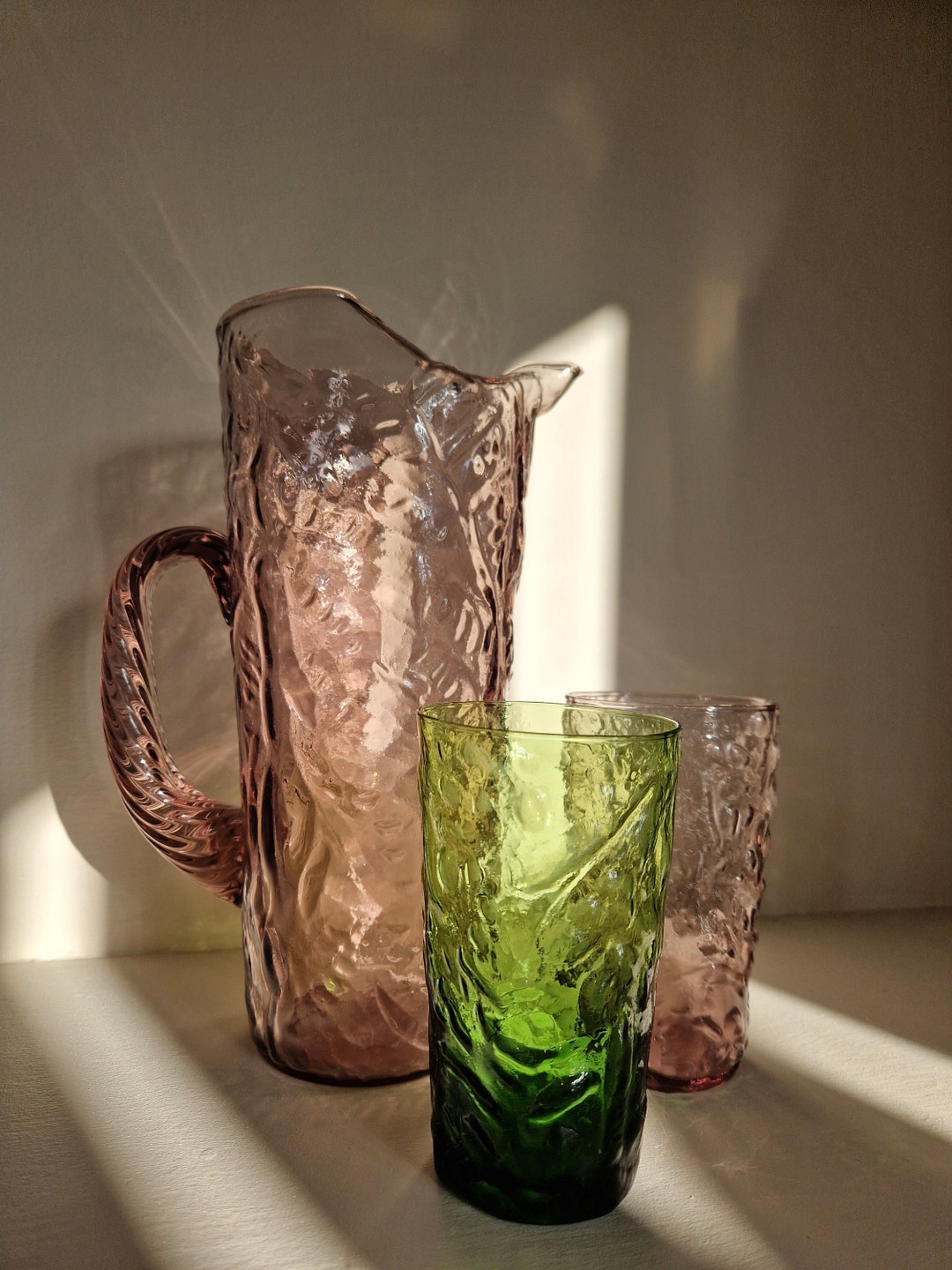 Vintage Mid-century Textured Glass Purple Pitcher and Matching Drinks ...