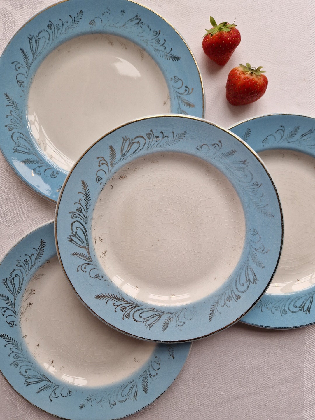 Set of 4 Antique Duck Egg Blue Side Plates With Decorative Hand Painted ...