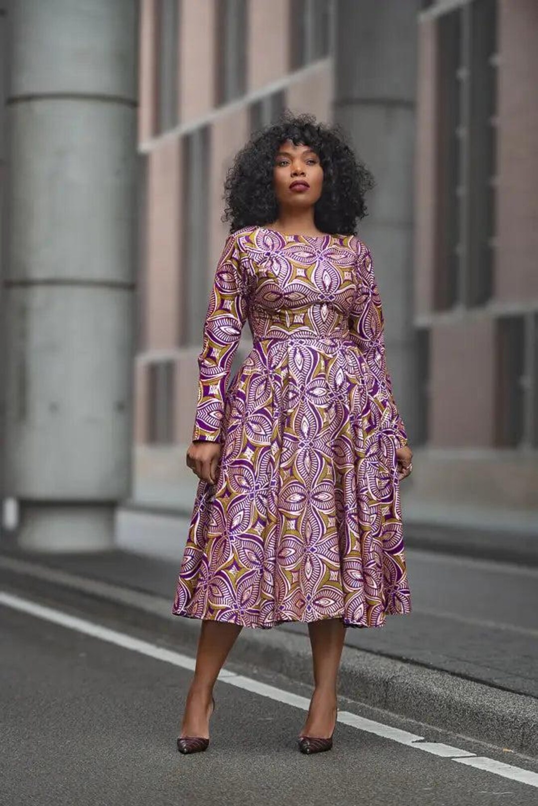 Zanelle Purple and Brown Dress- Bold African Print Flared Midi Dress ...