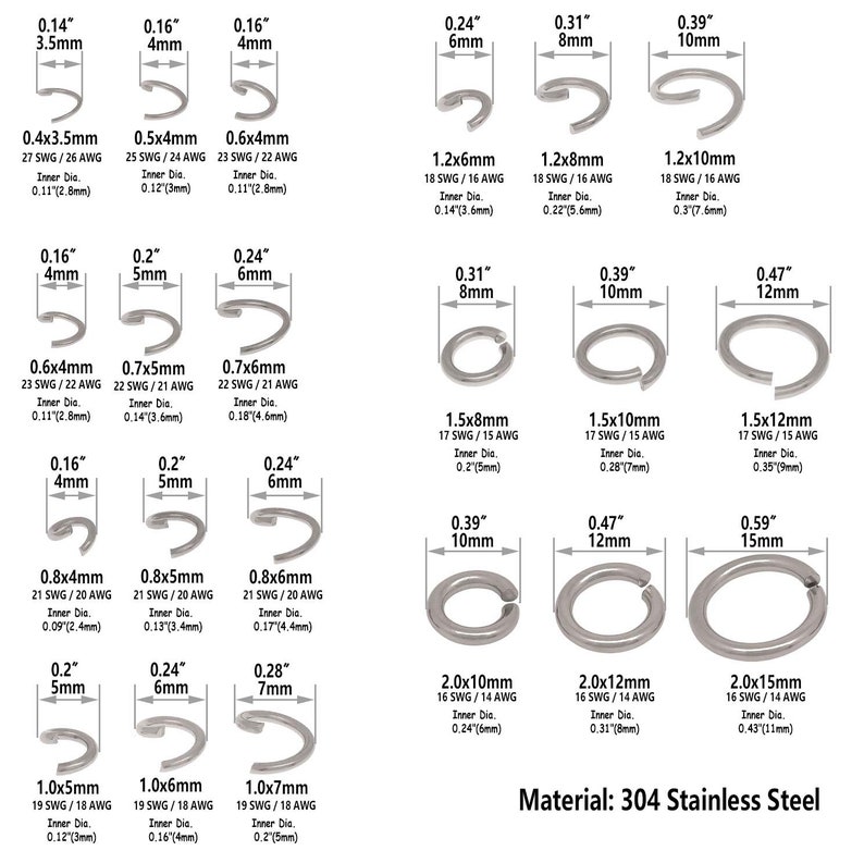 Bulk Stainless Steel Opened Jump Rings, 4mm 5mm 6mm 8mm 9mm 10mm 12mm ...