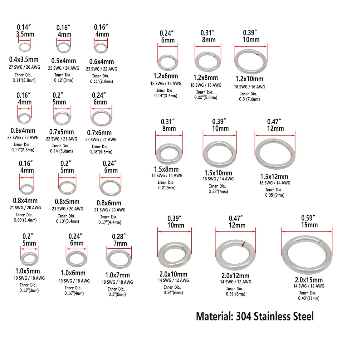 Bulk Stainless Steel Jump Rings, Outside Diameter 4mm 5mm 6mm 7mm 8mm ...