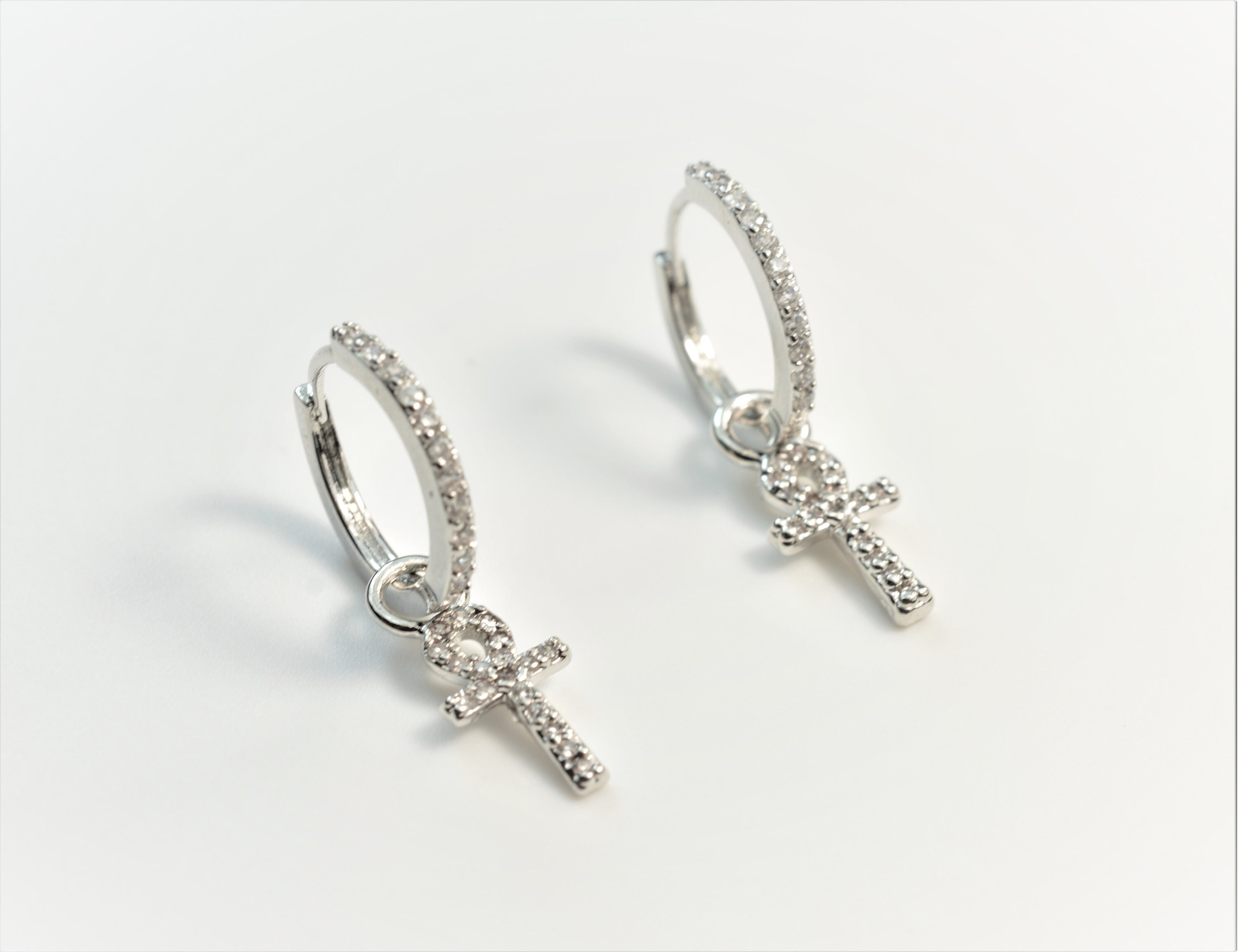 Huggie Hoops Silver Cross Earrings Cross Hoop Earrings - Etsy