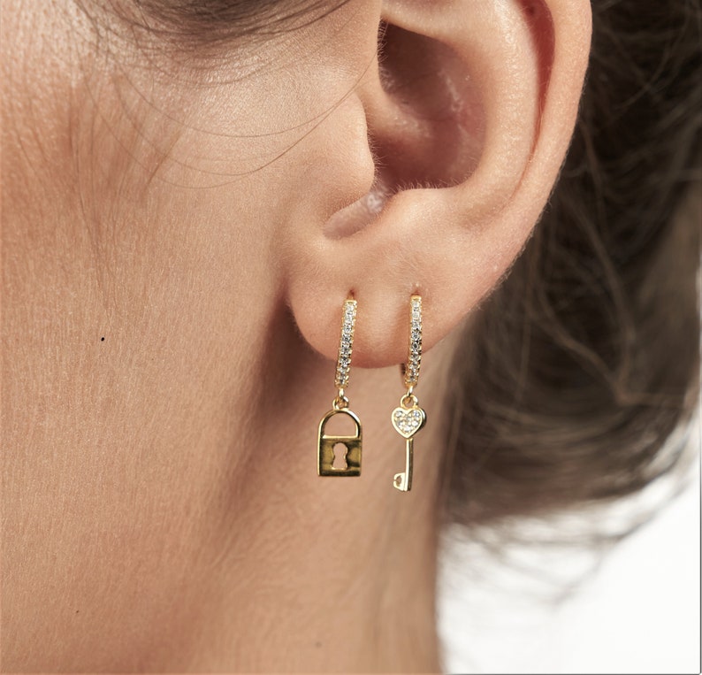 Lock earrings lock key earrings dainty hoops gold | Etsy