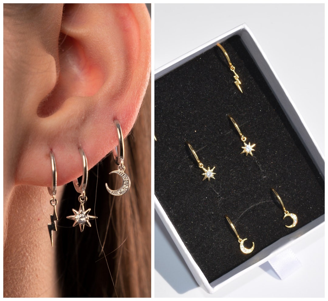 SET Earrings Moon and Star Earrings Lightning Bolt Earrings Set of 3 ...
