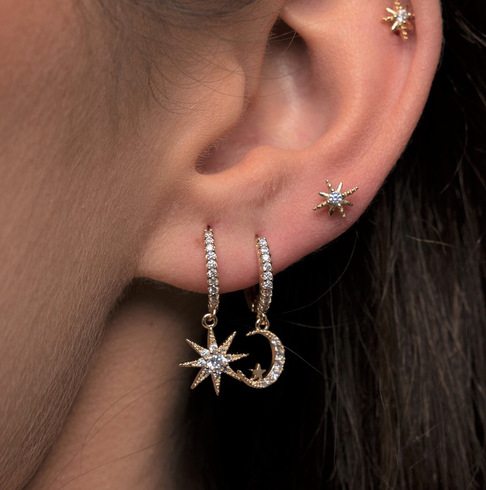 Moon and Star Earrings Moon Earrings Tiny Hoop Earrings - Etsy Canada