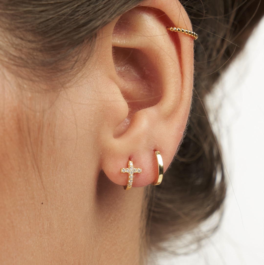 Cross Earrings Cross Hoop Earrings Dainty Hoops Gold Earrings Tiny Hoop ...