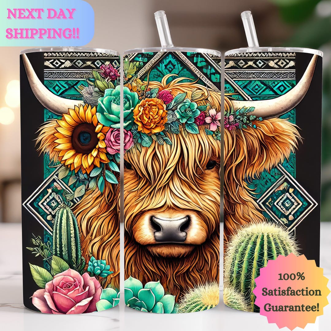 Aztec Boho Cow 20oz Tumbler, Highland Cow, Cactus, Girl Gift, Mom Gift ...