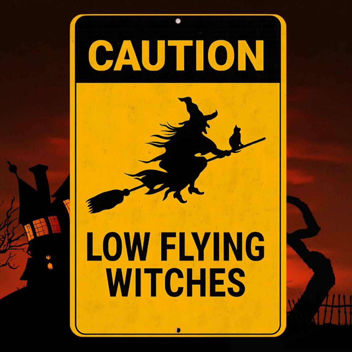 Caution Low Flying Witches Metal Sign – Funny Halloween Porch Decor ...