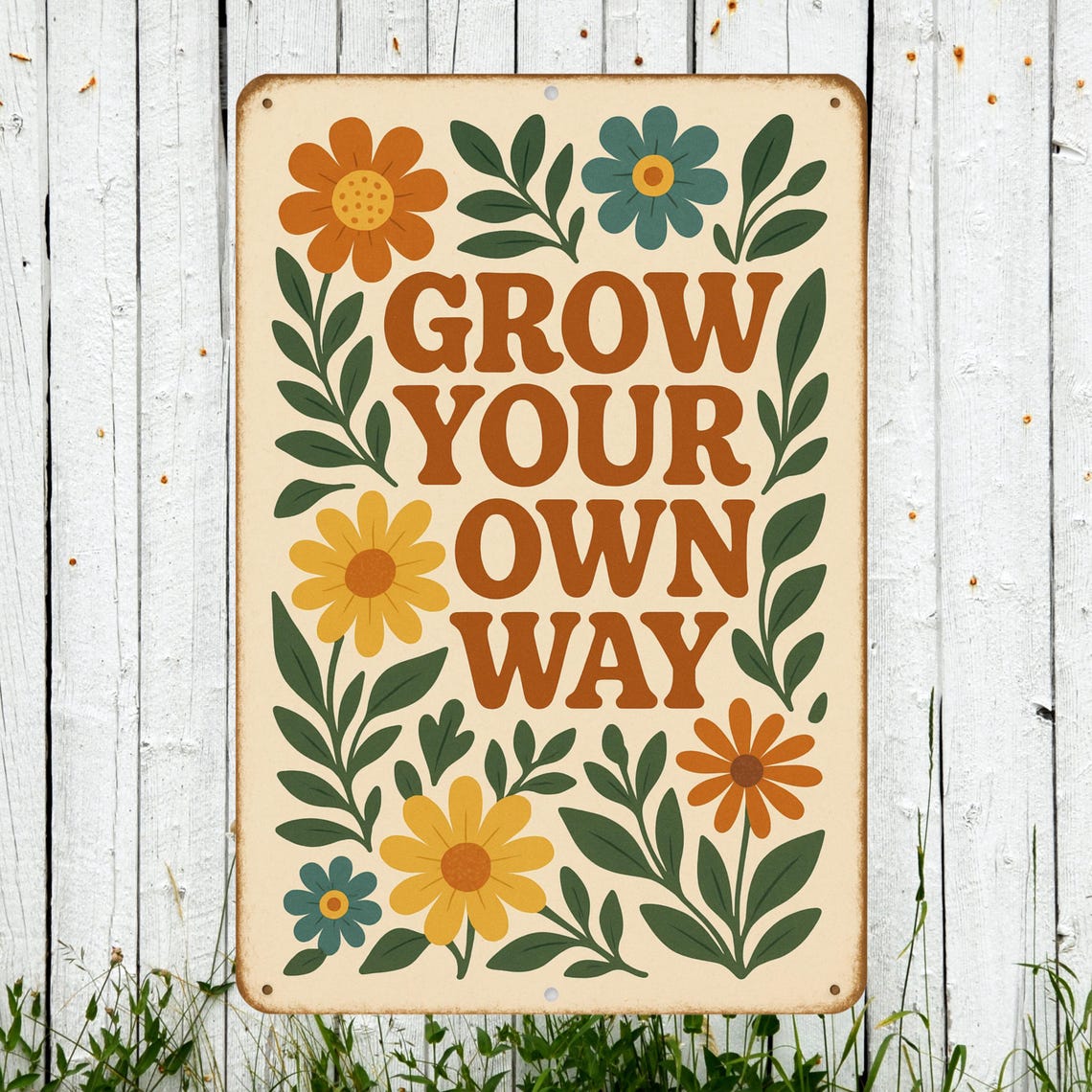Retro Flower Garden Metal Sign, Grow Your Own Way Floral Sign, 8x12 ...