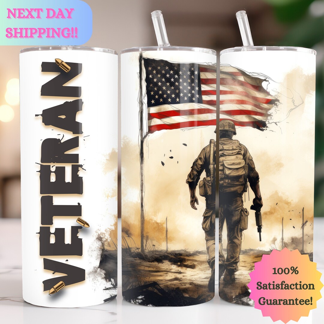 Veteran Tumbler 20oz | Military Soldier American Flag Cup | Spill Proof ...