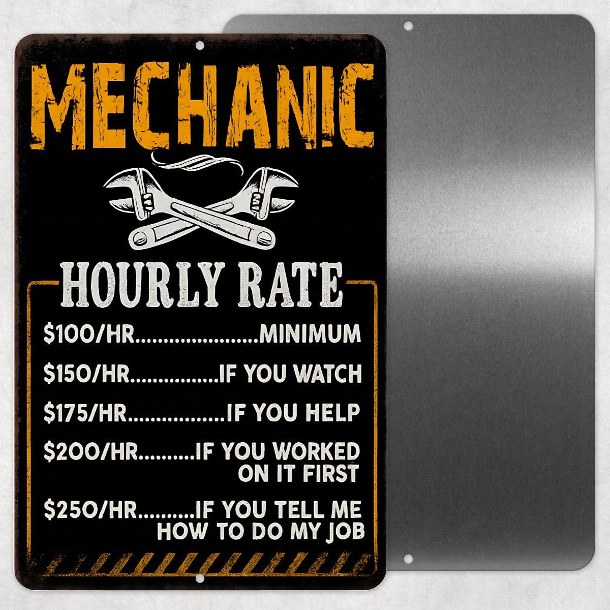 Funny Mechanic Hourly Rate Sign – 8x12 Metal Garage Shop Wall Decor ...