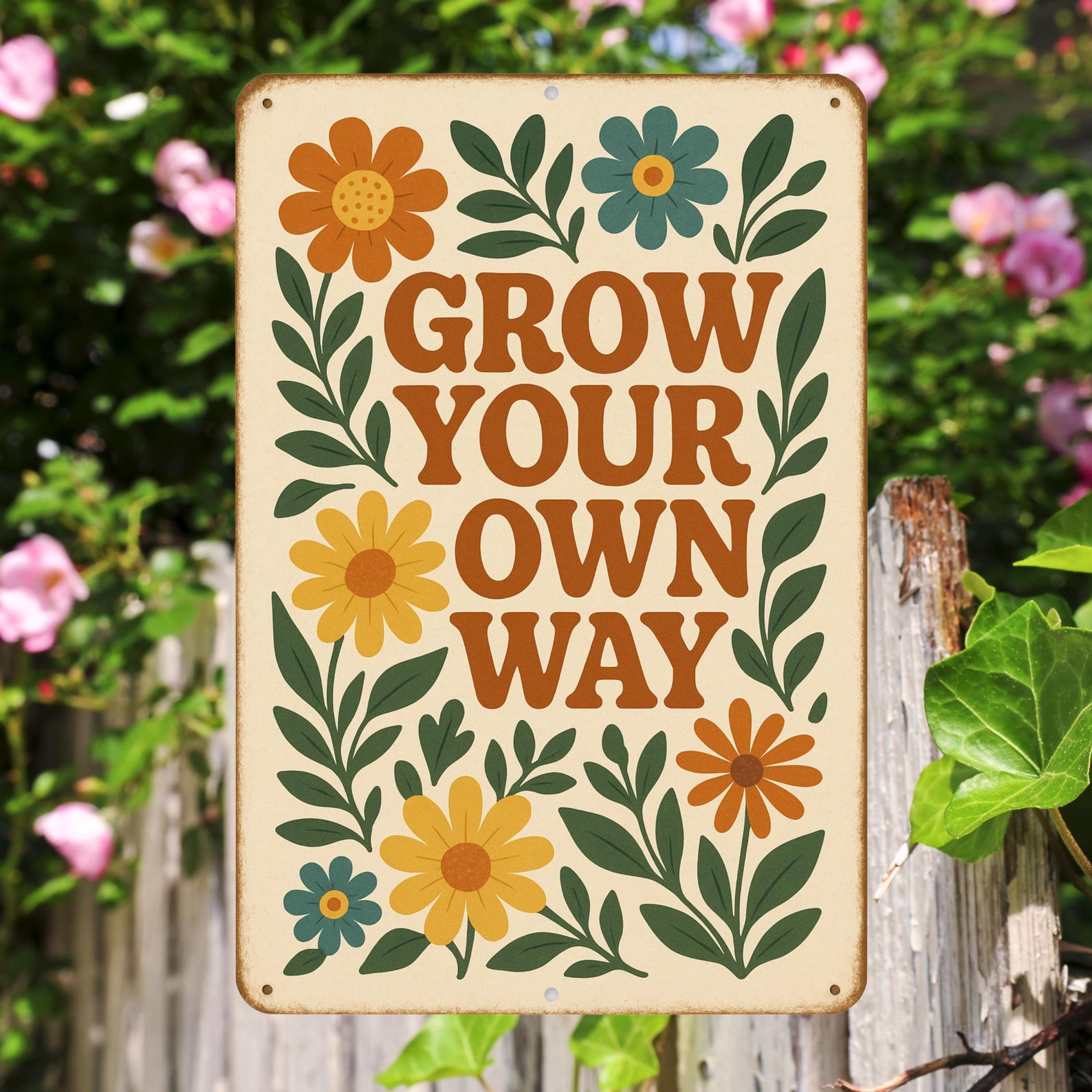 Retro Flower Garden Metal Sign, Grow Your Own Way Floral Sign, 8x12 ...