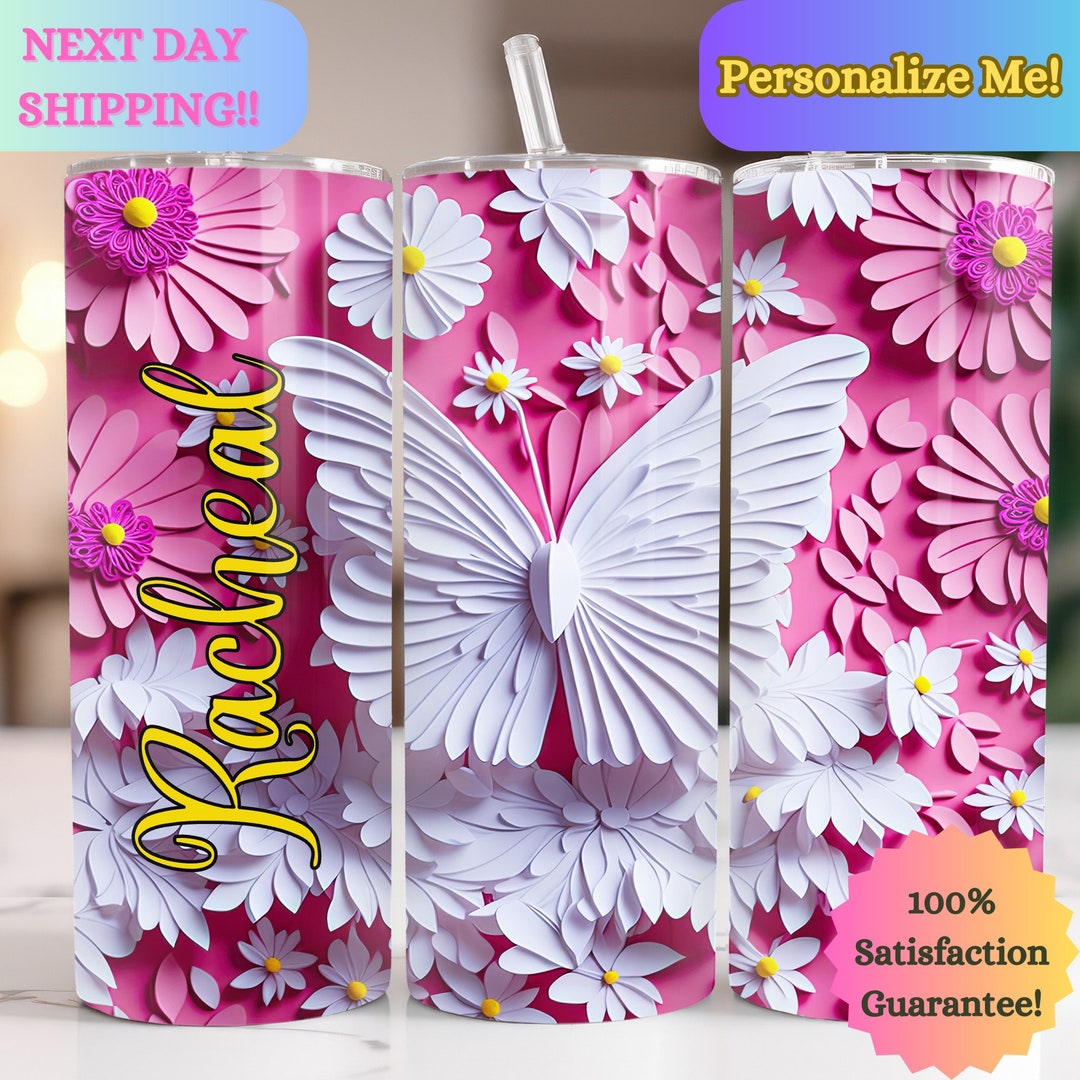 3d Butterfly Pink Daisy Tumbler Personalized Glitter Butterfly Tumbler