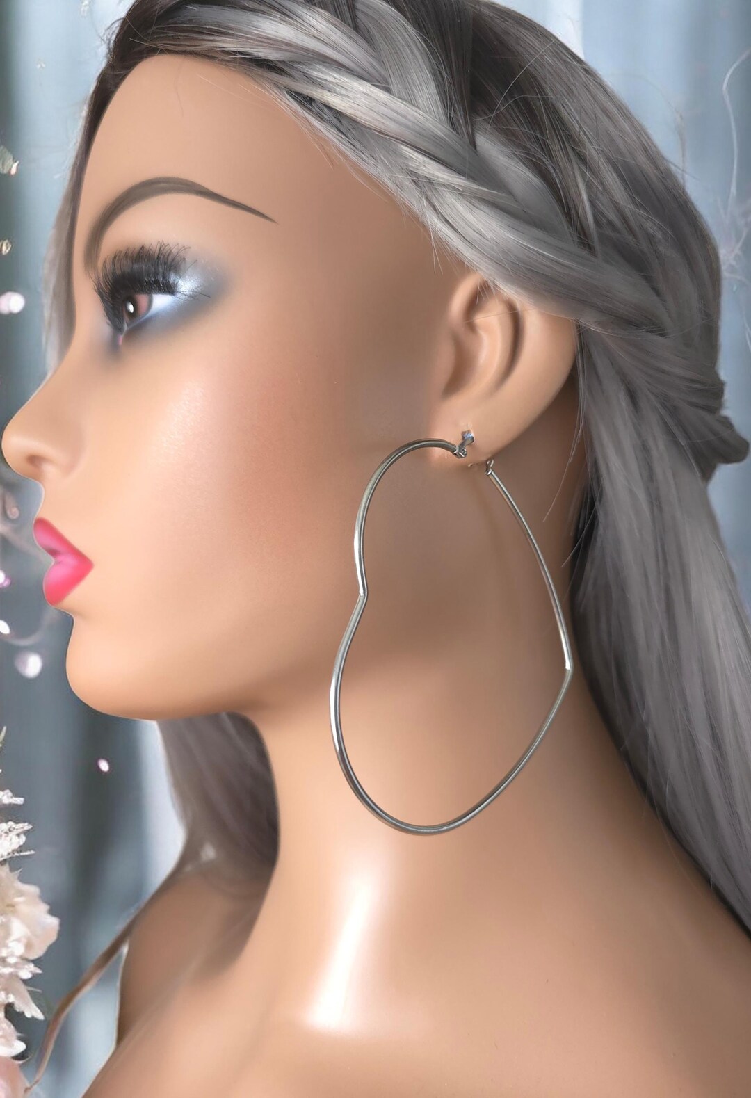 3.4" 304 Stainless Steel HEART Design Hoop Earrings - Big - Extra Large ...