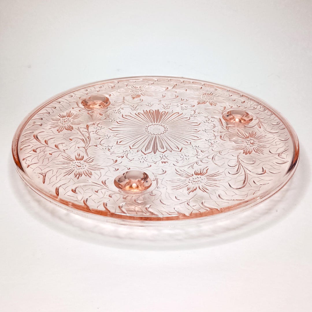 US Glass Co Shaggy Daisy Pink Footed Cake Plate 10" Rose Depression Era ...