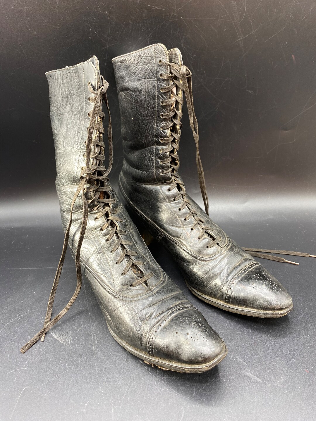 Antique Ladies Boots Black Leather Lace up Stacked Heel, Fair Condition ...
