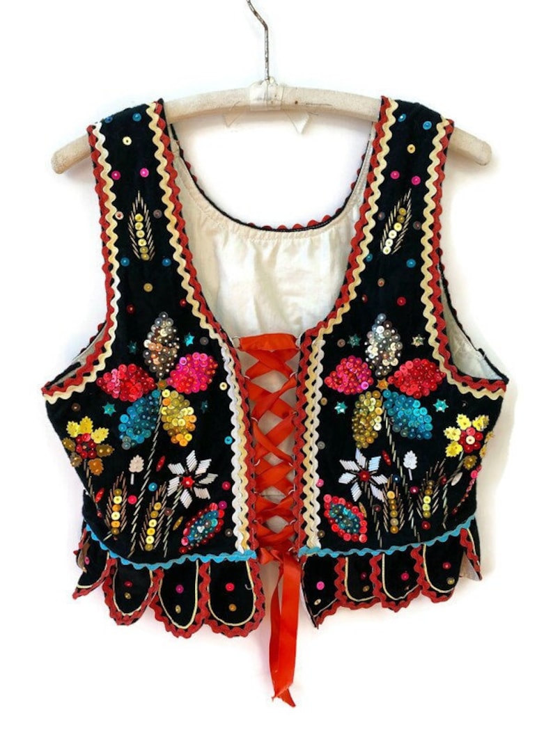 Vintage Polish Dance Costume Corset Vest Sequined and Ribboned Black ...