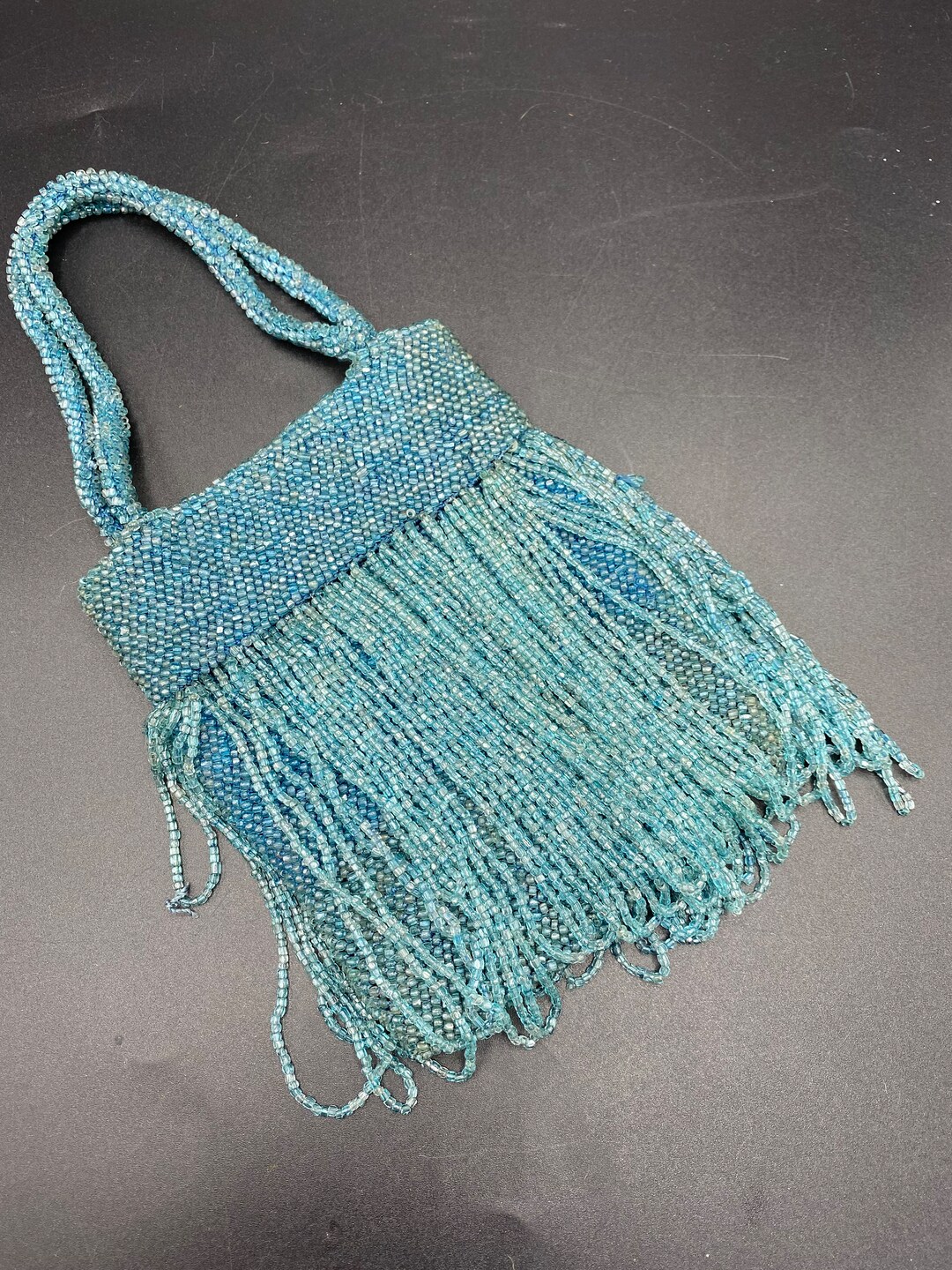 1920's French Blue Beaded Evening Bag, Iridescent Blue Glass Beads ...