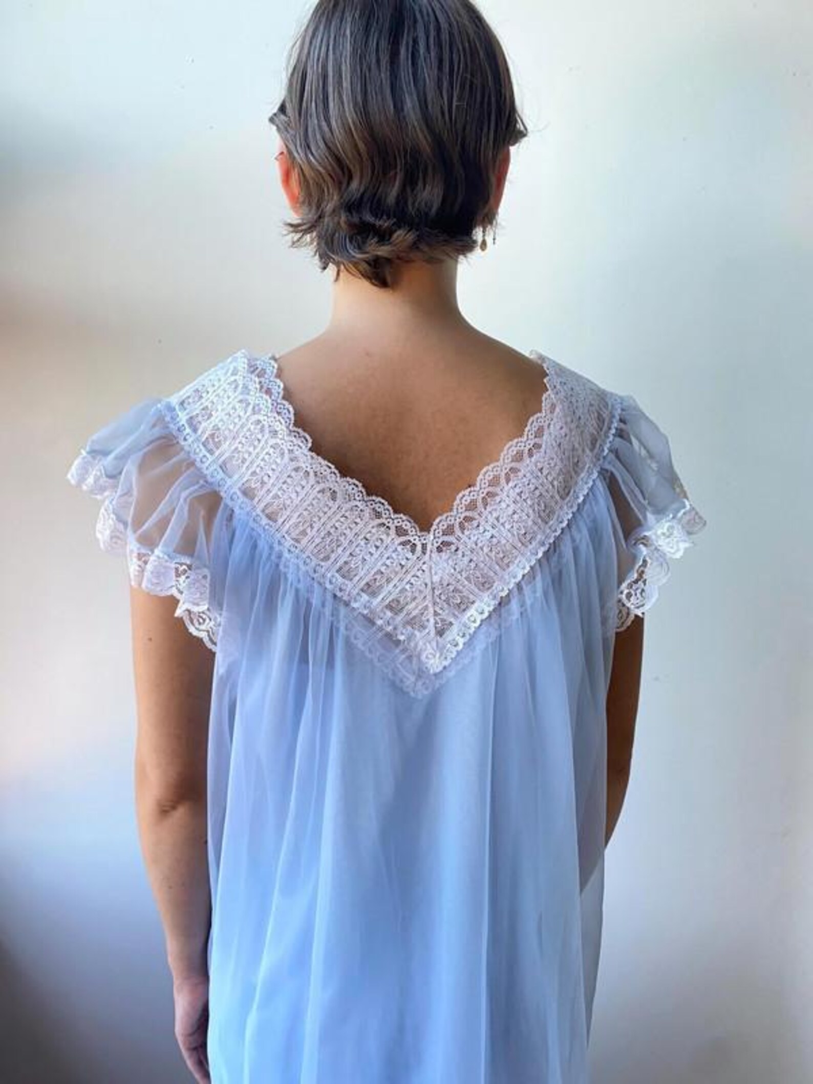 1970’s Sears Nylon Pegnoir Set Gown and Robe in Blue With White Lace ...