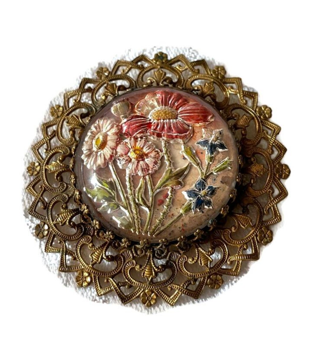 Antique Large Pin Circular Reverse Carved Painted Glass Flower Brooch ...