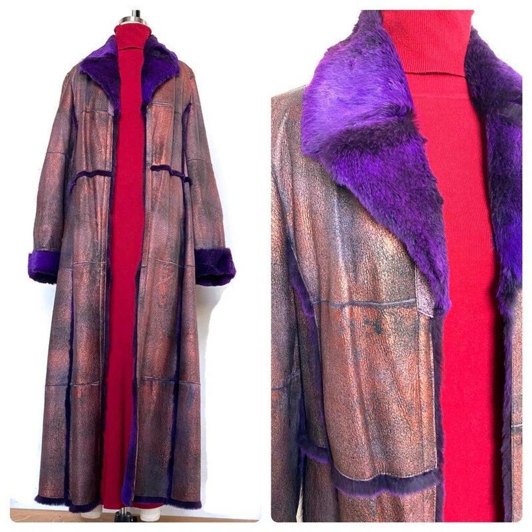 1980's Long Coat Escada Purple Fur and Copper Leather, Euro Size 36 ...