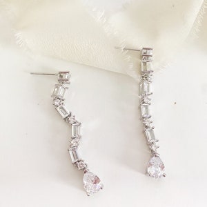LILITH // Diamond Long Drop Wedding Earrings, Silver Diamond Bridal ...