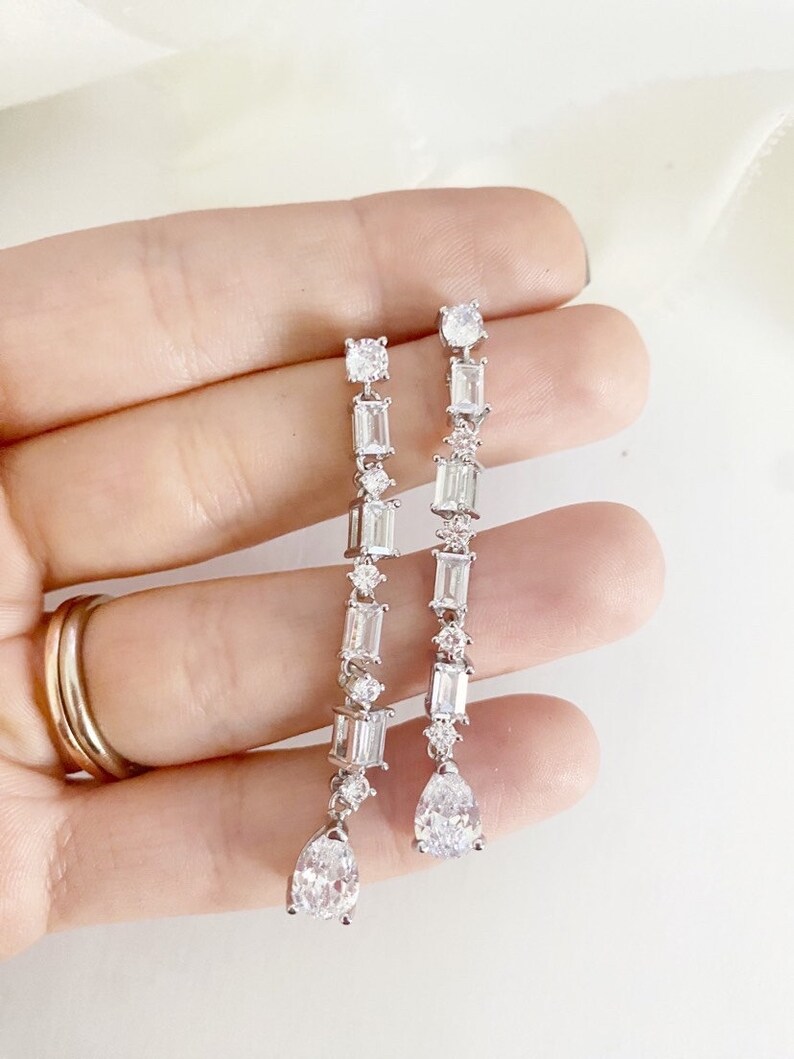 LILITH // Diamond Long Drop Wedding Earrings Silver Diamond - Etsy