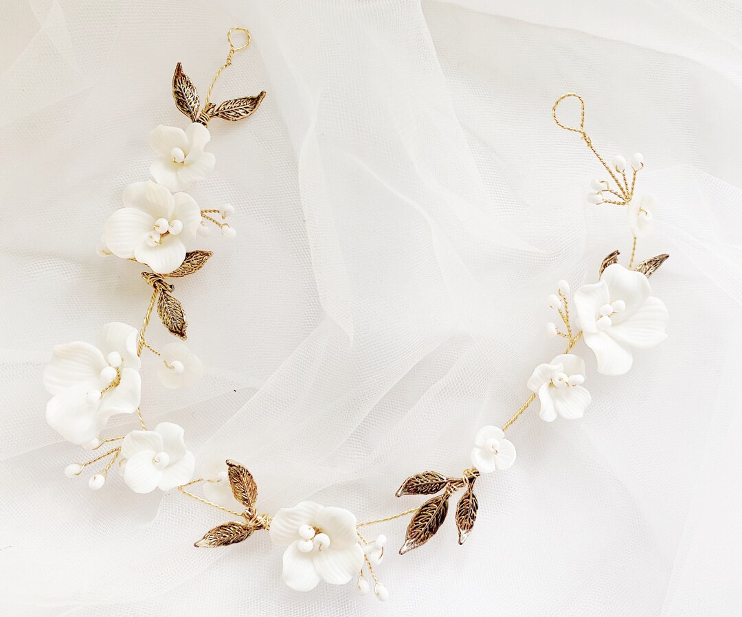 LIZA // Porcelain White Floral Bridal Hair Vine, Boho Flower Bride ...