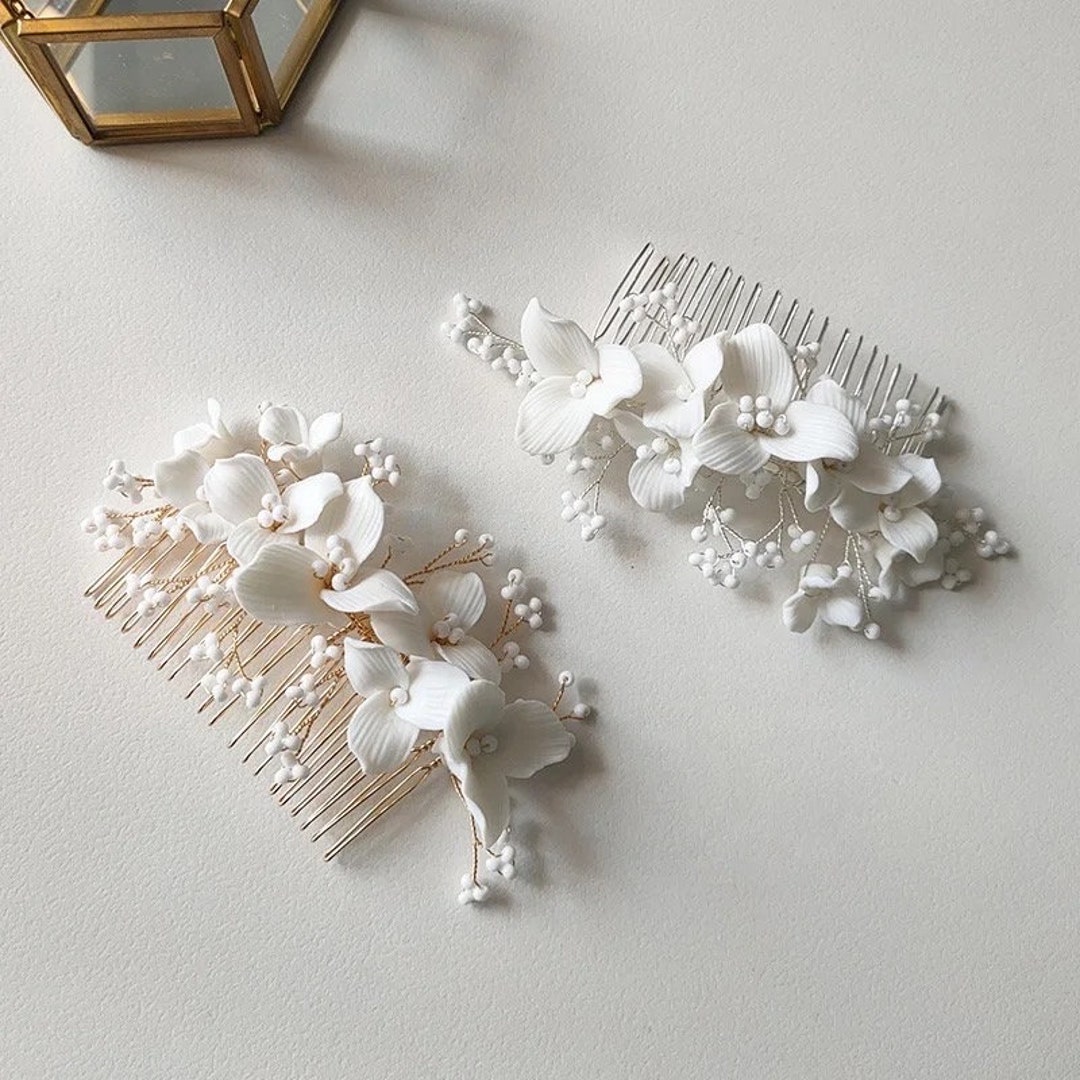 White Floral Hair Comb Flower Pearl Comb Bride Hair Accessory Boho ...