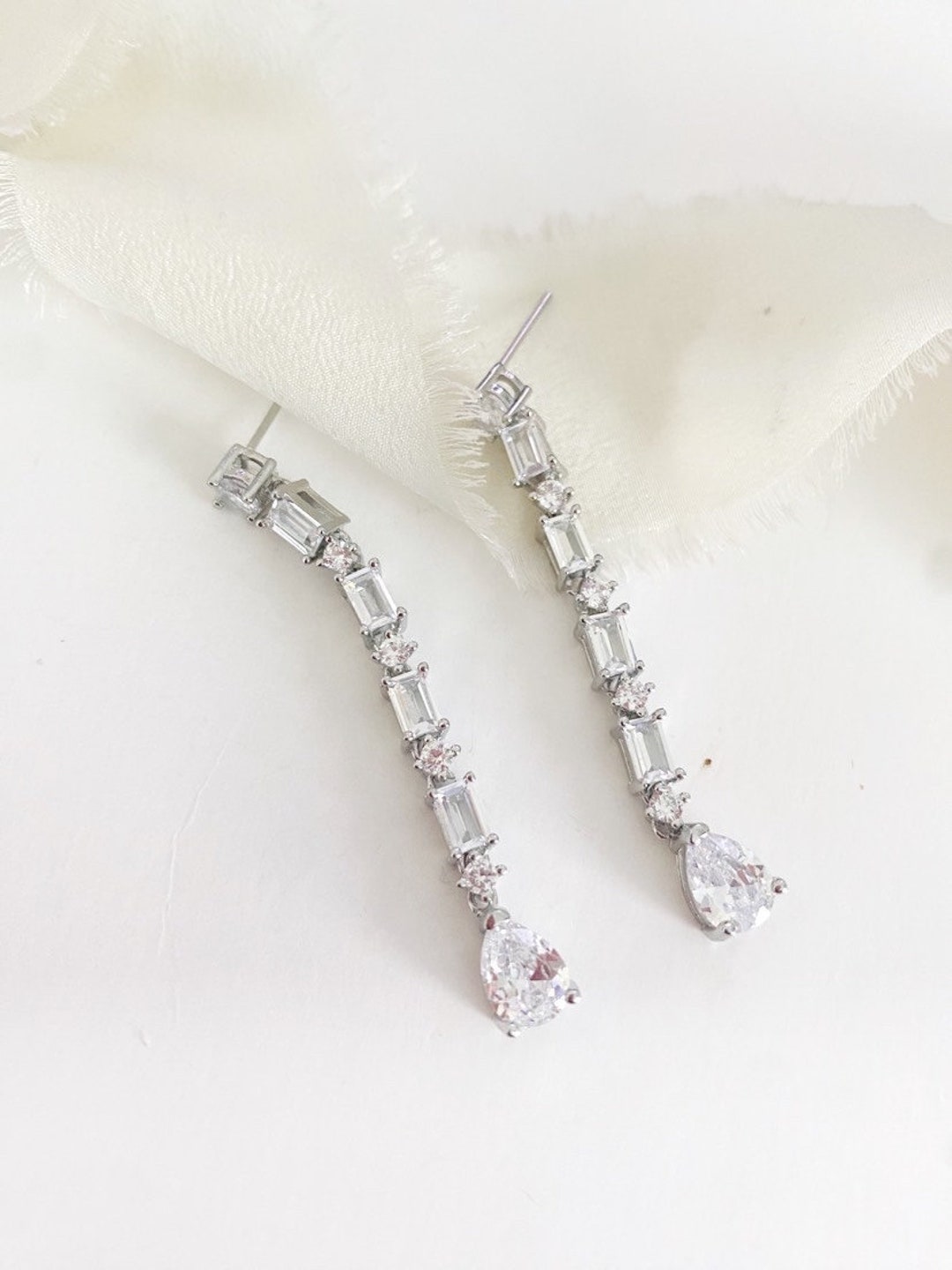 LILITH // Diamond Long Drop Wedding Earrings, Silver Diamond Bridal ...